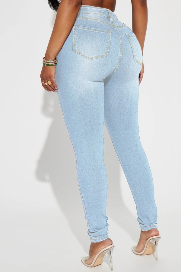 Wholesale Light Blue Casual Solid High Waist Skinny Denim Jeans K77108 ...