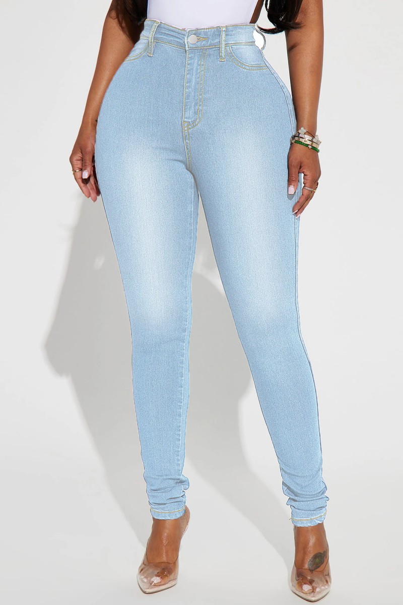 Wholesale Light Blue Casual Solid High Waist Skinny Denim Jeans K77108 ...