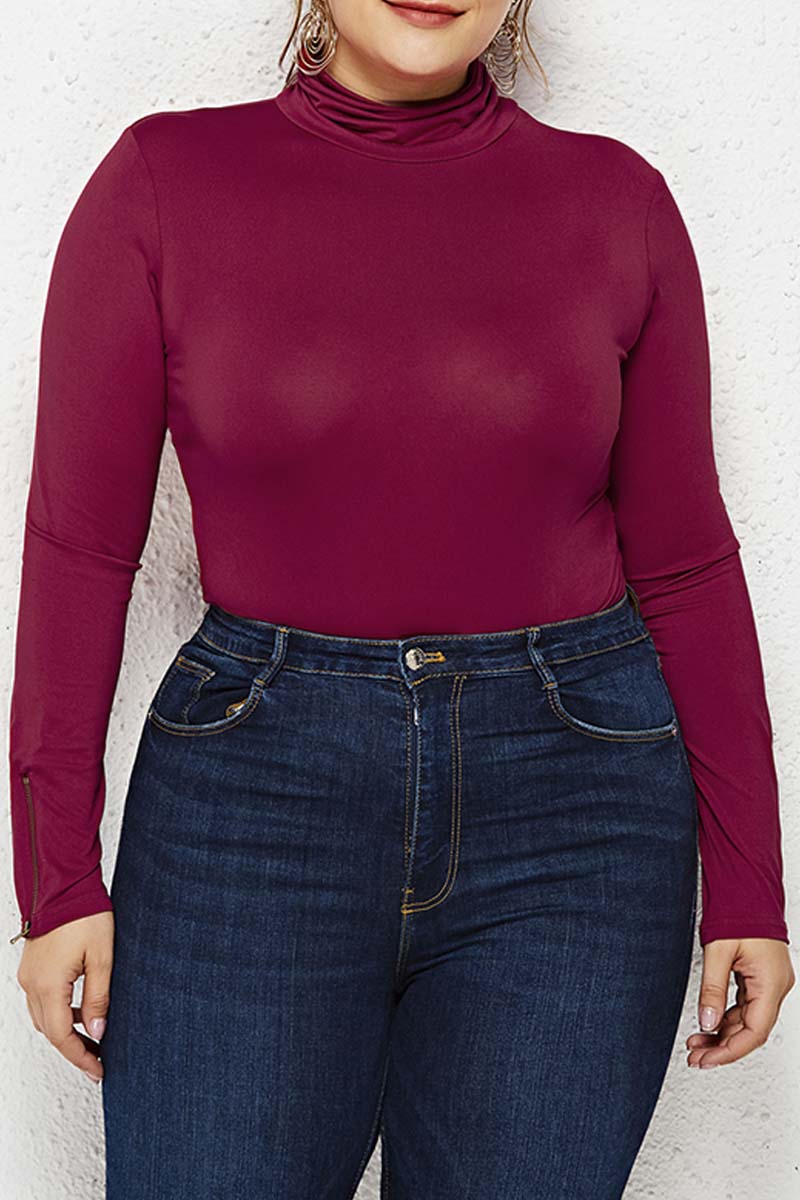 Wholesale Burgundy Sexy Casual Solid Basic Turtleneck Plus Size Romper ...