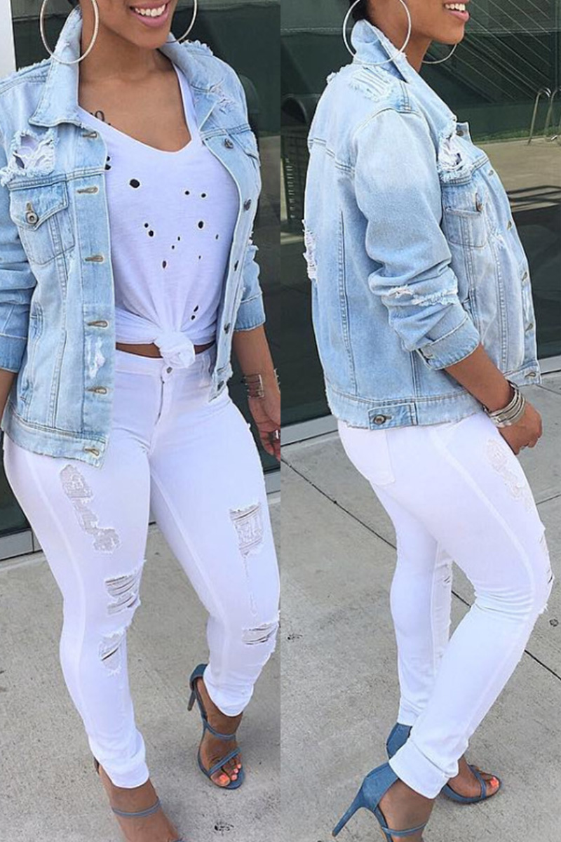Wholesale Light Blue Casual Solid Ripped Turndown Collar Long Sleeve ...