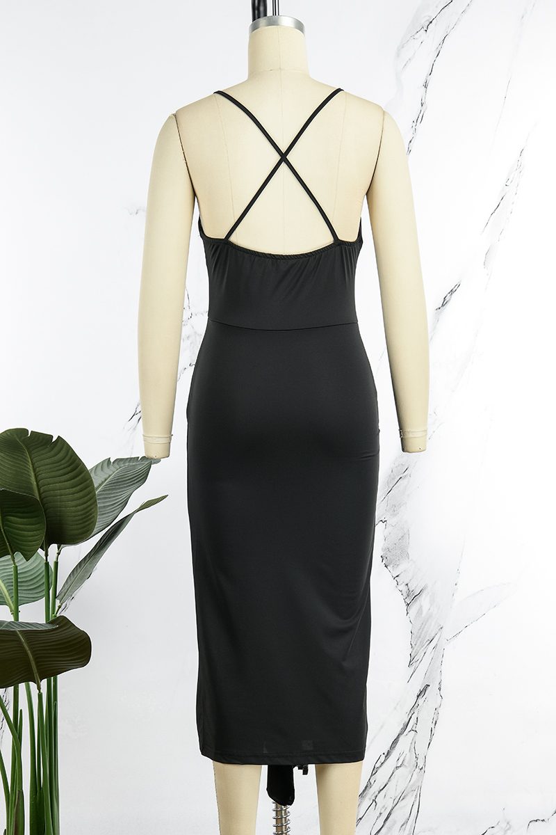 Wholesale Rose Red Sexy Solid Patchwork Backless V Neck Sling Dress