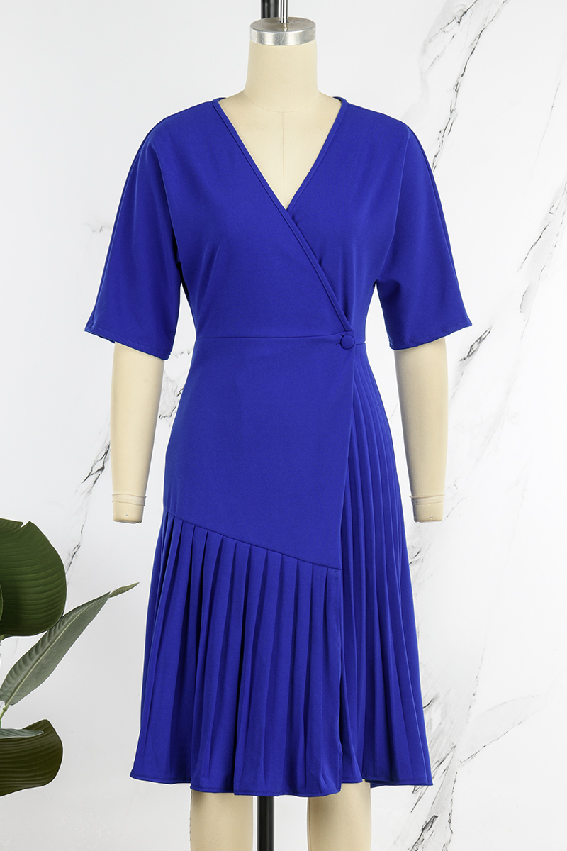 Wholesale Royal Blue Casual Solid Patchwork V Neck A Line Dresses ...