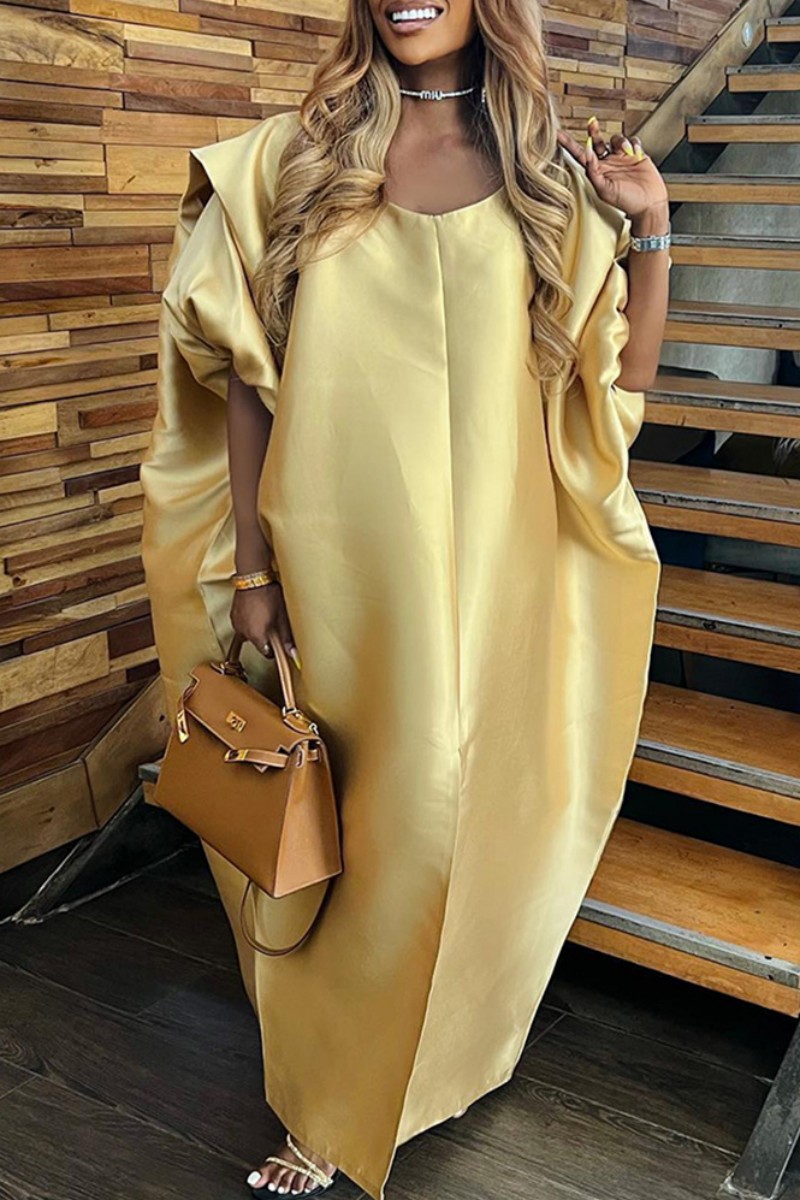 Wholesale Earth Yellow Casual Solid Patchwork O Neck Long Dress Dresses ...