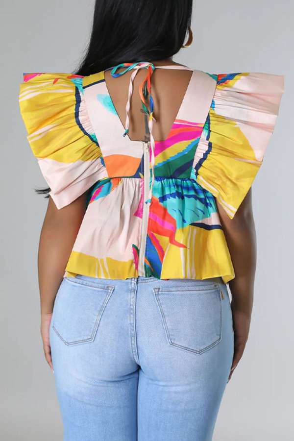 Wholesale Pink Casual Sweet Cute Basis Print Flounce Fold V Neck Tops ...