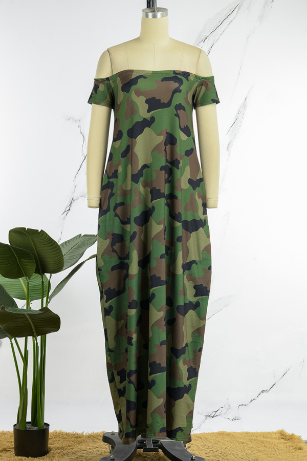 Wholesale Army Green Casual Print Patchwork Pocket Off the Shoulder ...