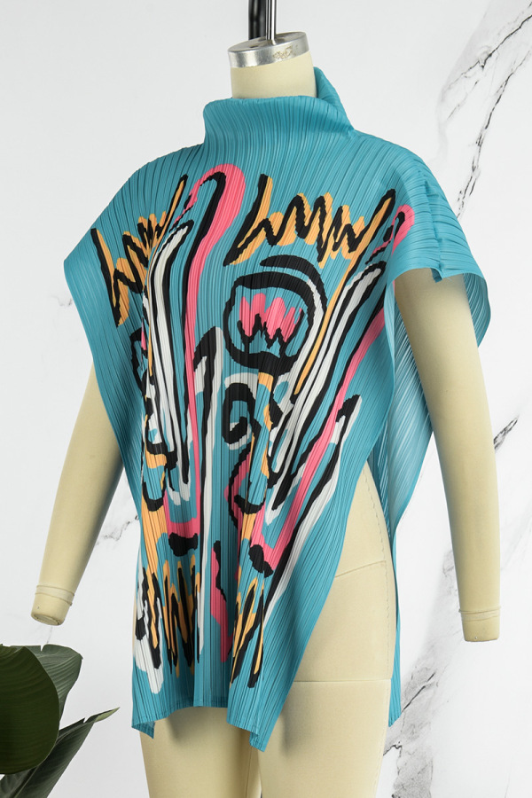 Wholesale Light Blue Casual Print Asymmetrical Turtleneck Tops K80167-2 ...