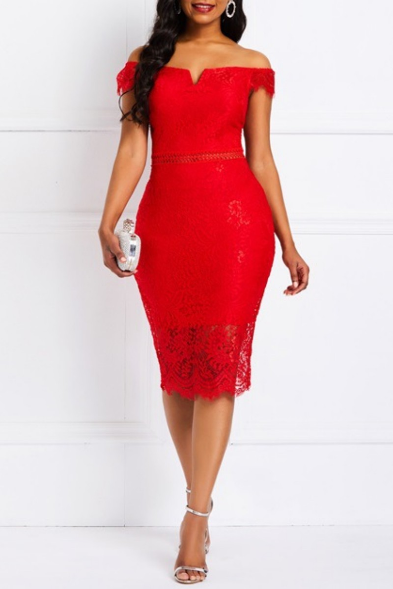 Wholesale Red Casual Solid Patchwork V Neck One Step Skirt Dresses ...