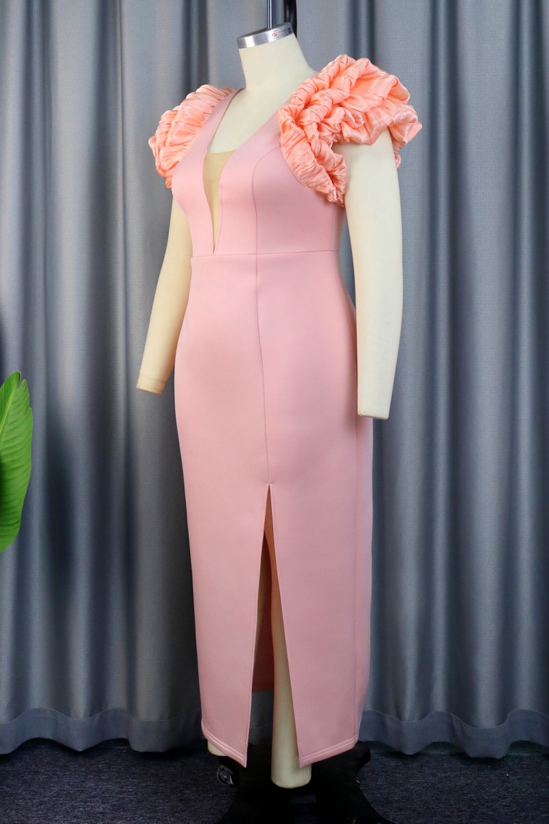 Wholesale Pink Sexy Formal Solid Patchwork Slit V Neck One Step Skirt ...