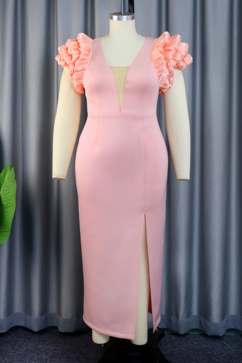 Wholesale Pink Sexy Formal Solid Patchwork Slit V Neck One Step Skirt ...