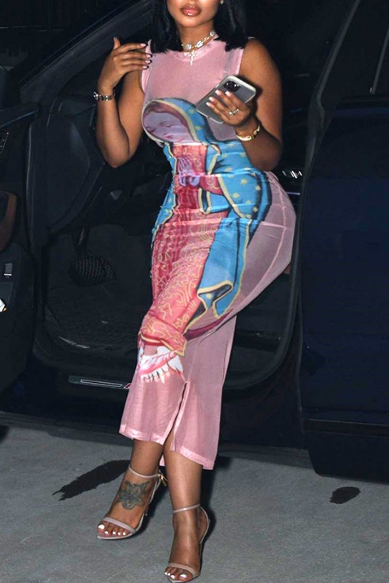 Wholesale Pink Sexy Casual Print See-through Slit O Neck Long Dress ...