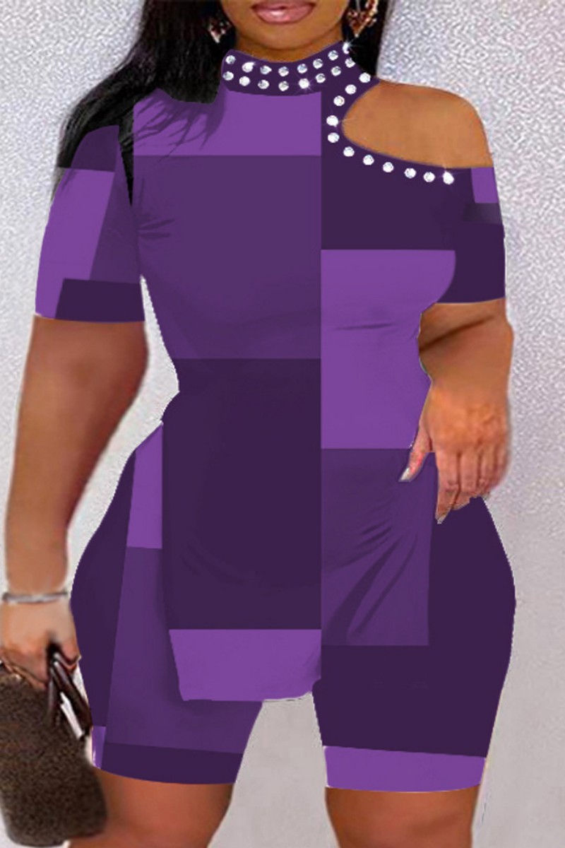 Wholesale Plus Size Purple Casual Plaid Print Hollowed Out Patchwork
