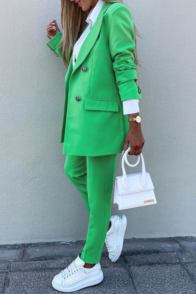 Wholesale Green Casual Solid Cardigan Pants Turn Back Collar Long