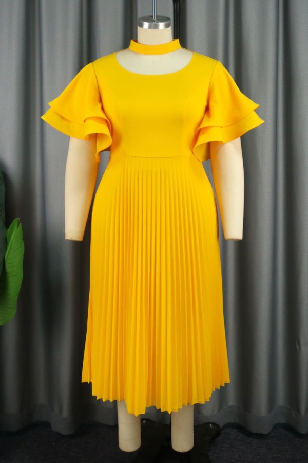 Wholesale Yellow Casual Solid Patchwork O Neck Pleated Dresses K84434-1 ...