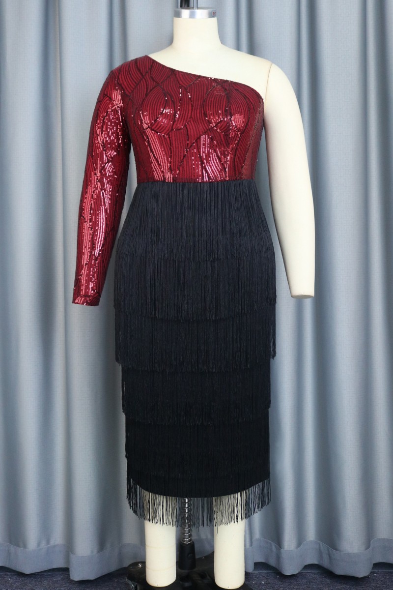 Wholesale Burgundy Sexy Party Formal Patchwork Tassel Sequins Backless ...