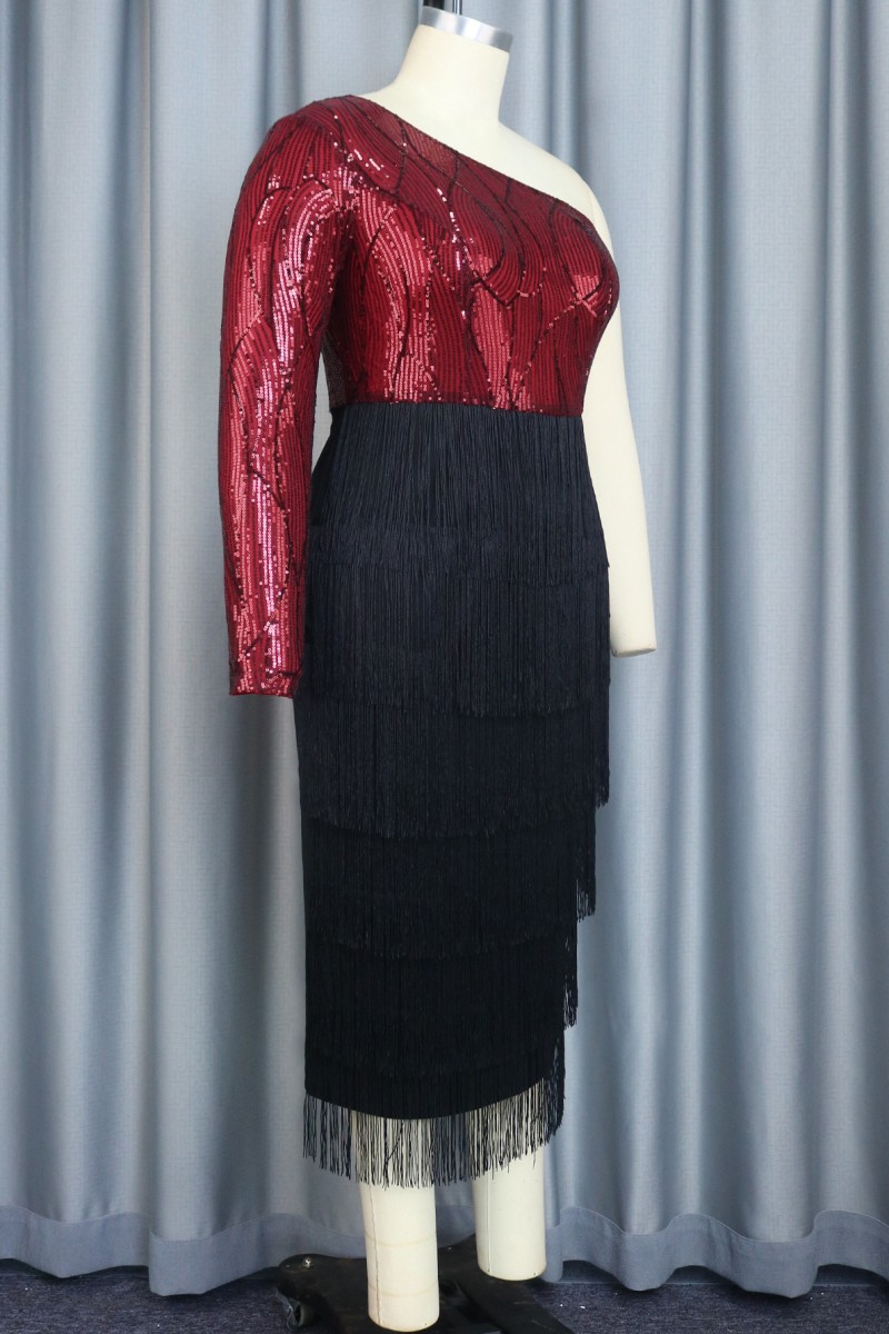 Wholesale Burgundy Sexy Party Formal Patchwork Tassel Sequins Backless ...