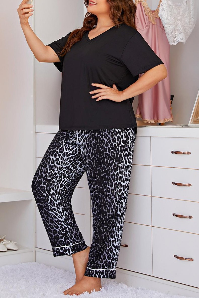 Wholesale Black Living Print Leopard Basic V Neck Plus Size Pajamas Two ...