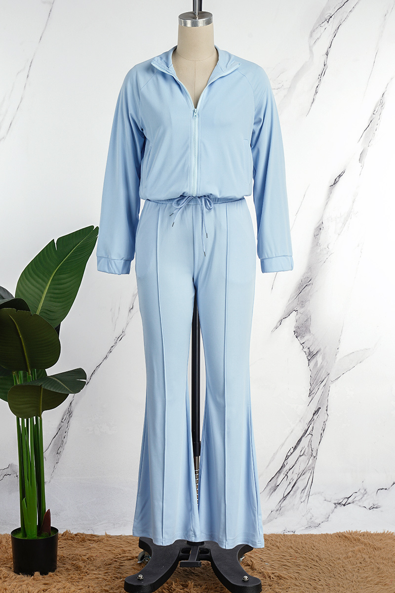 Wholesale Light Blue Casual Solid Patchwork Zipper Collar Long Sleeve ...