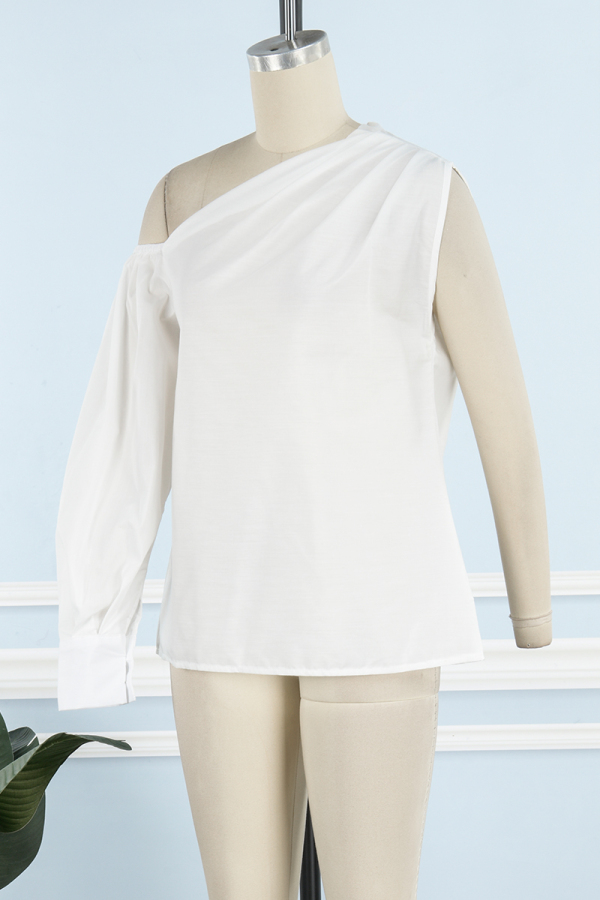 Wholesale White Casual Solid Asymmetrical Oblique Collar Tops K86447-1 ...