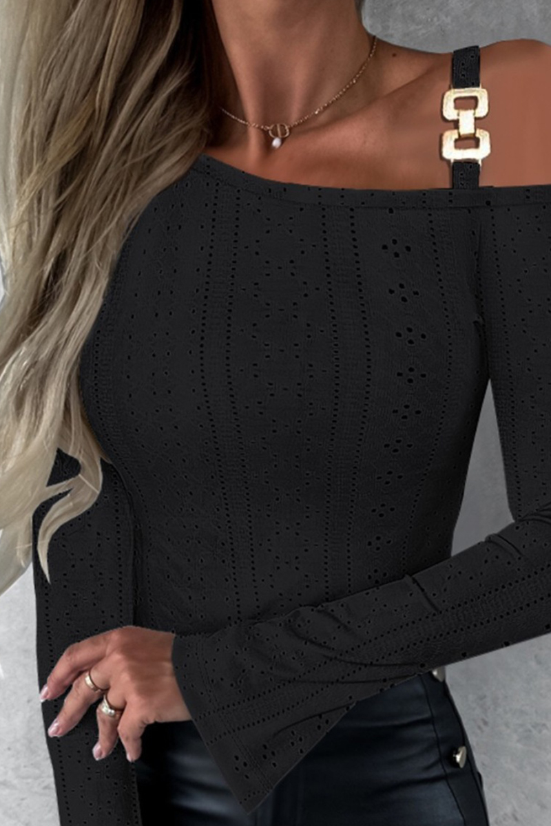 Wholesale Black Casual Solid Patchwork Oblique Collar Tops K89114-1 Online