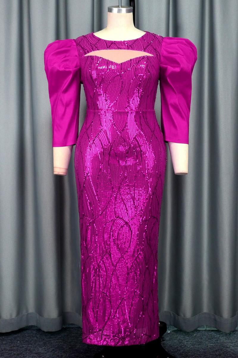 Wholesale Rose Red Formal Patchwork Sequins O Neck One Step Skirt ...