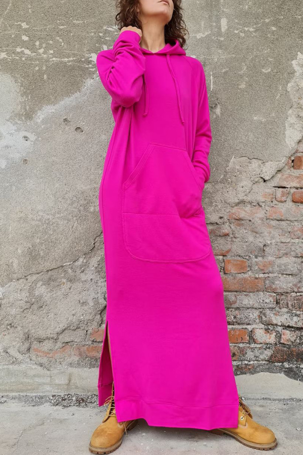 Wholesale Rose Red Casual Solid Draw String Pocket Hooded Collar Long ...