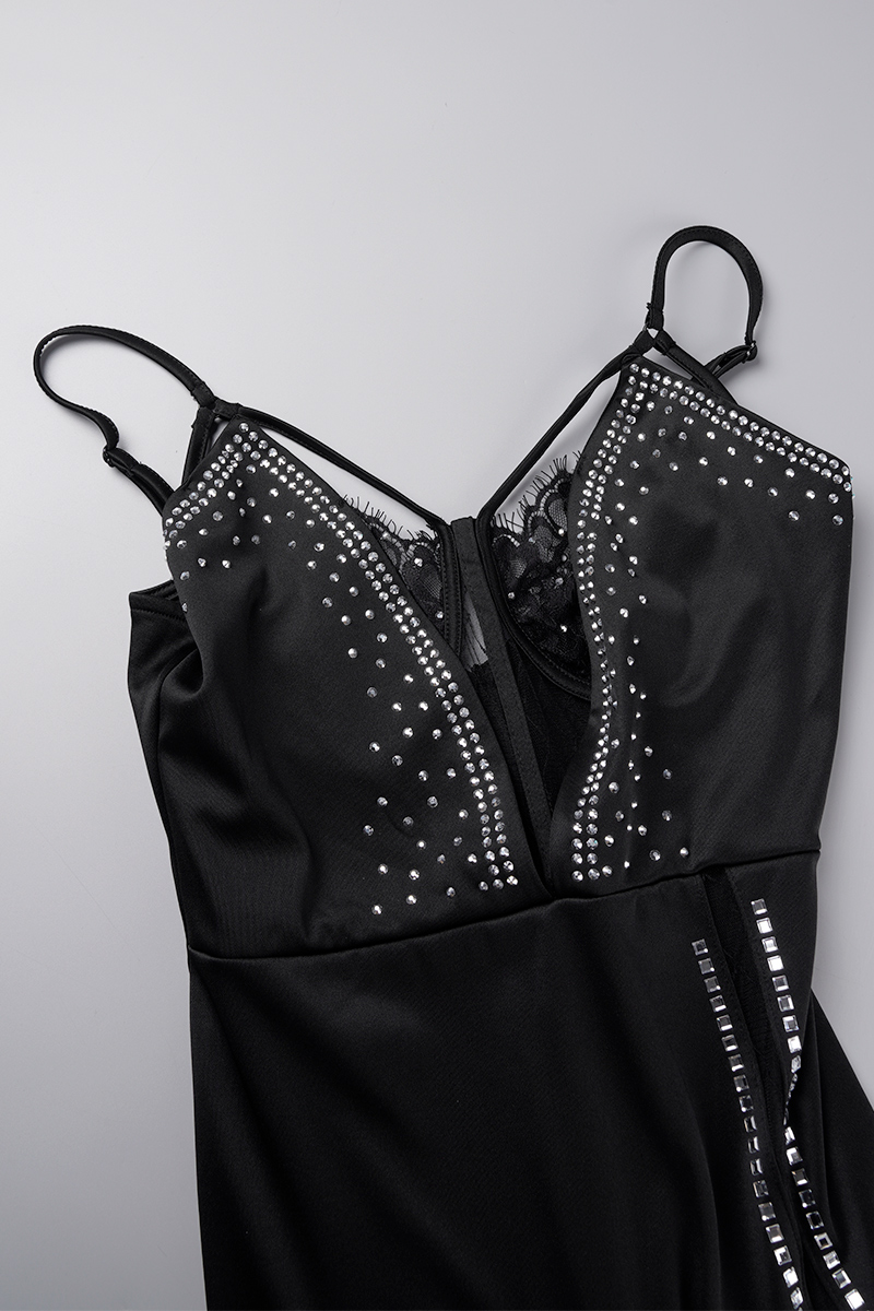 Wholesale Black Sexy Patchwork Hot Drilling See Through Backless Slit