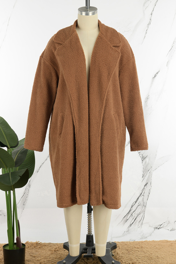Wholesale Dark Brown Casual Solid Cardigan Turndown Collar Plus Size ...