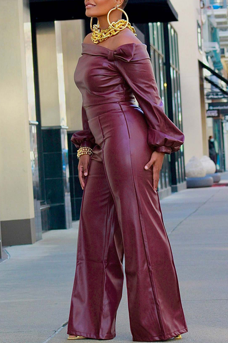 Wholesale Burgundy Sexy Street Solid Patchwork Off The Shoulder Long