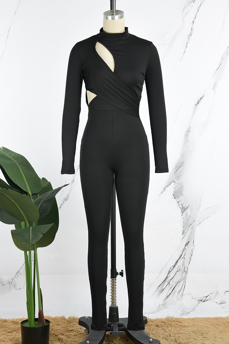 Wholesale Casual Solid Hollowed Out Half A Turtleneck Skinny Jumpsuits ...