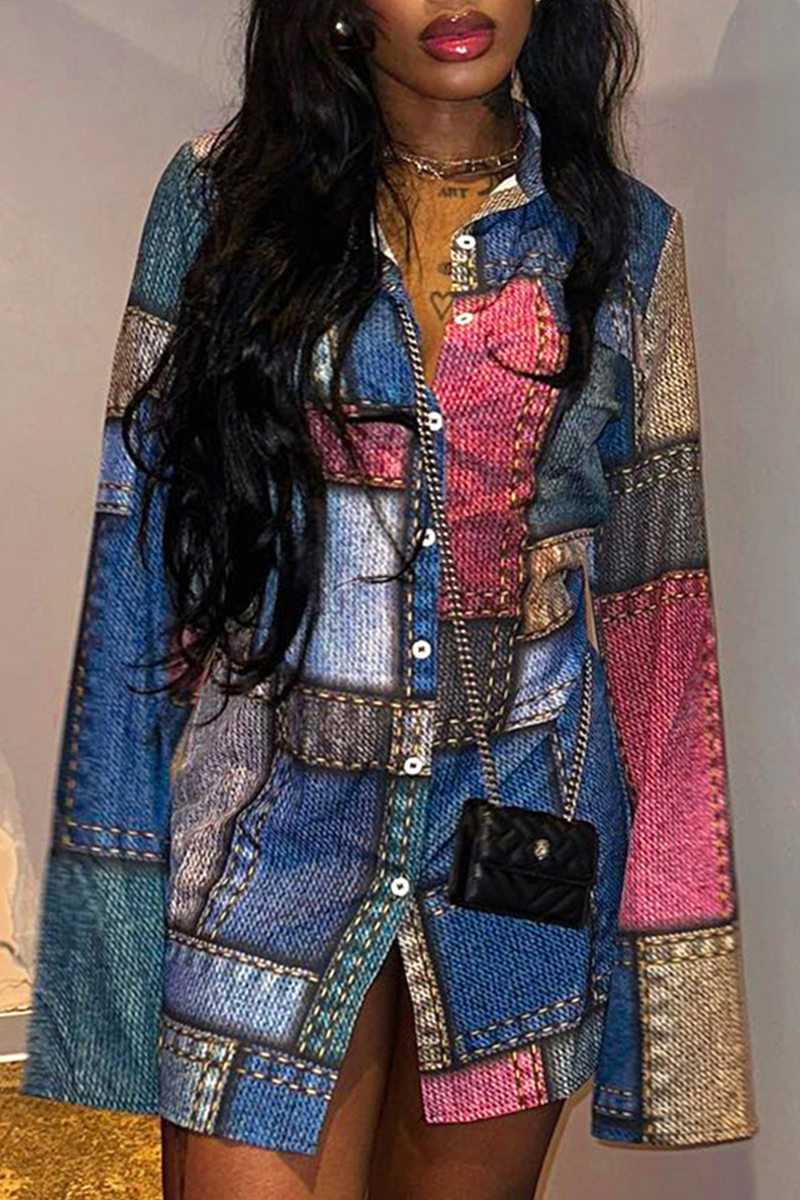 Wholesale Street Print Patchwork Buckle Shirt Collar Shirt Dress ...