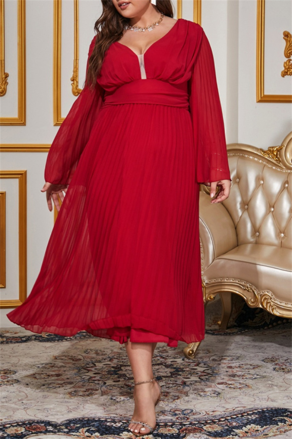 Wholesale Casual Solid Patchwork Backless Pleated V Neck Long Plus Size ...