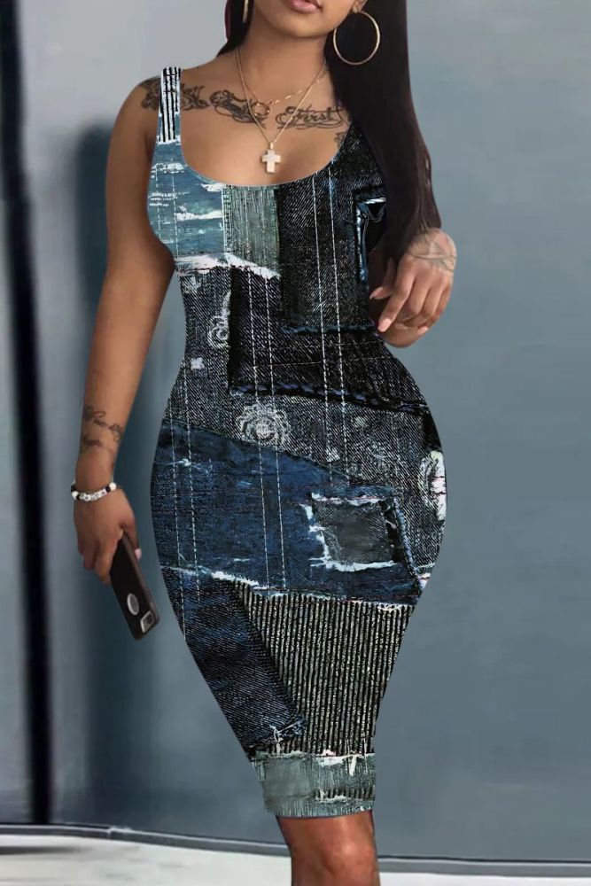Wholesale Casual Print Basic U Neck Vest Dresses K104829 Online