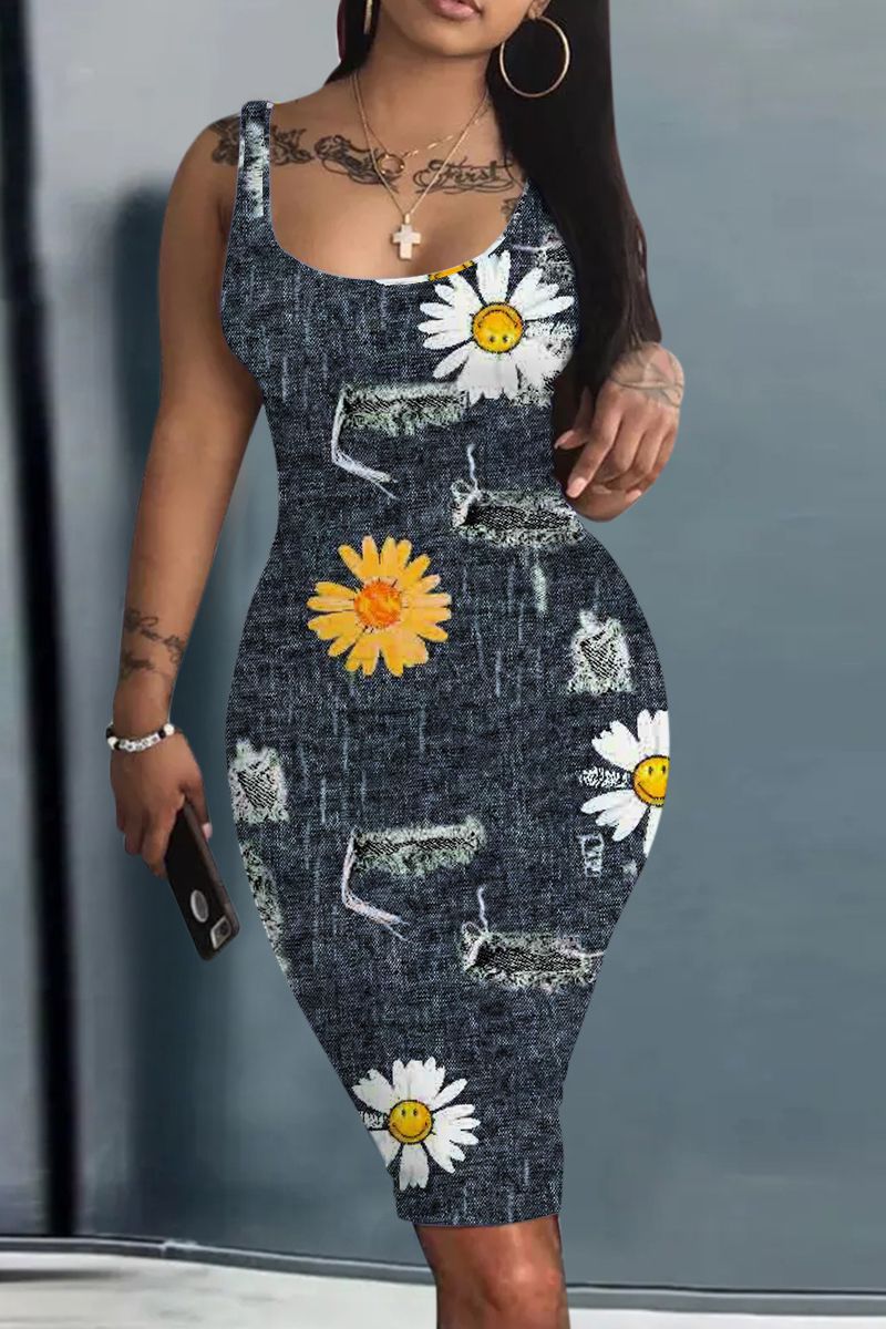 Wholesale Casual Print Basic U Neck Vest Dresses K104829 Online