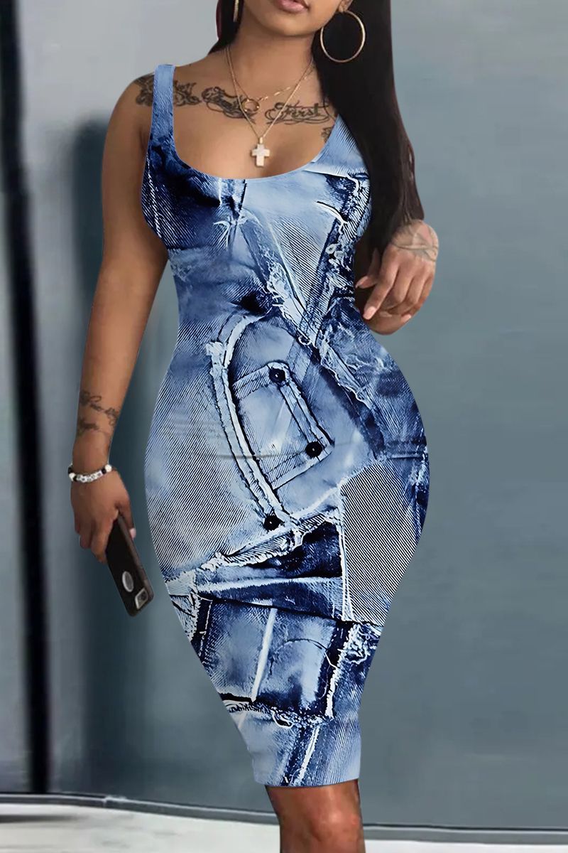 Wholesale Casual Print Basic U Neck Vest Dresses K104829 Online