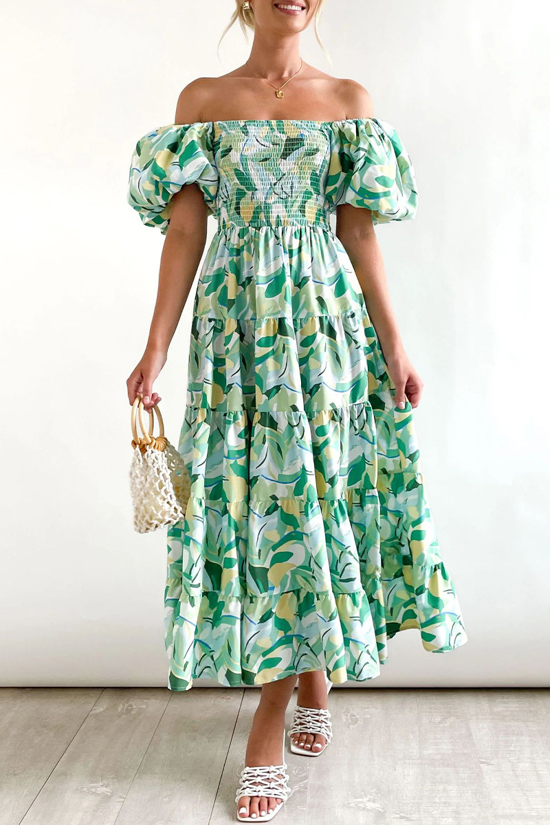 Wholesale Turquoise Sweet Elegant Print Asymmetrical Off the Shoulder ...