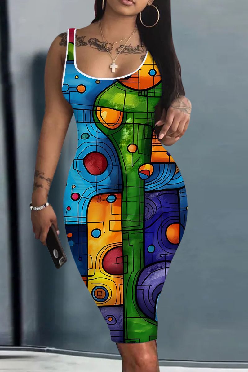 Wholesale Casual Print Basic U Neck Vest Dresses K107054 Online