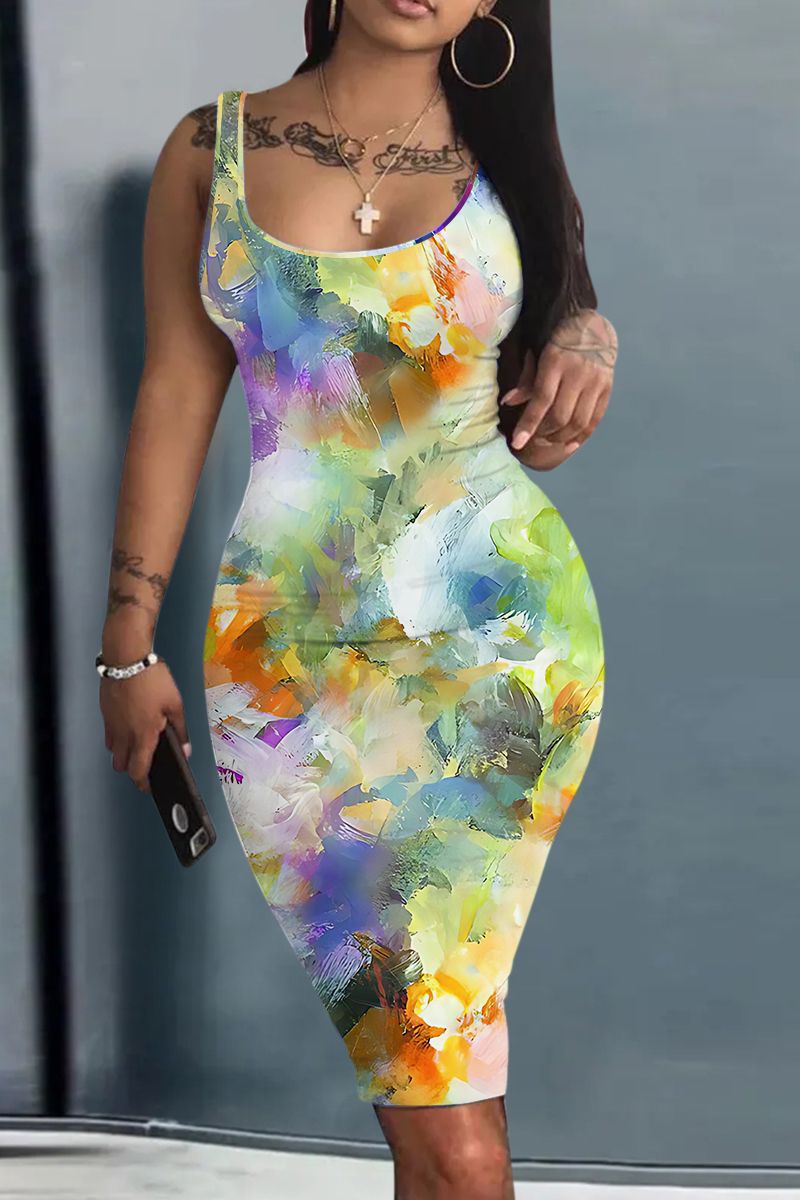 Wholesale Casual Floral Print U Neck Vest Bodycon Tank Midi Dresses ...