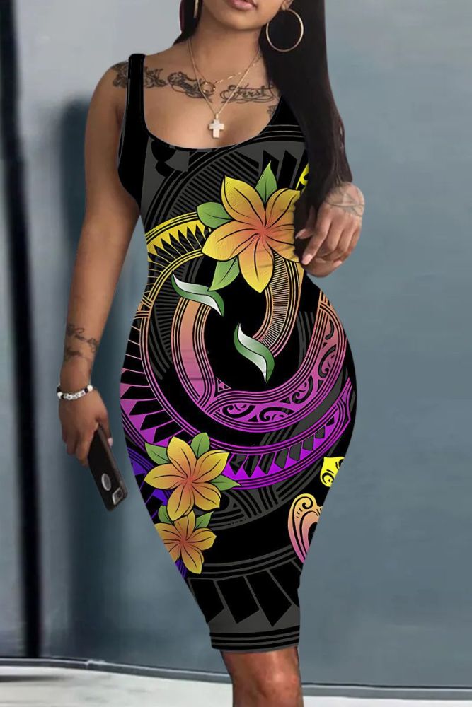 Wholesale Casual Floral Print U Neck Vest Bodycon Tank Midi Dresses ...