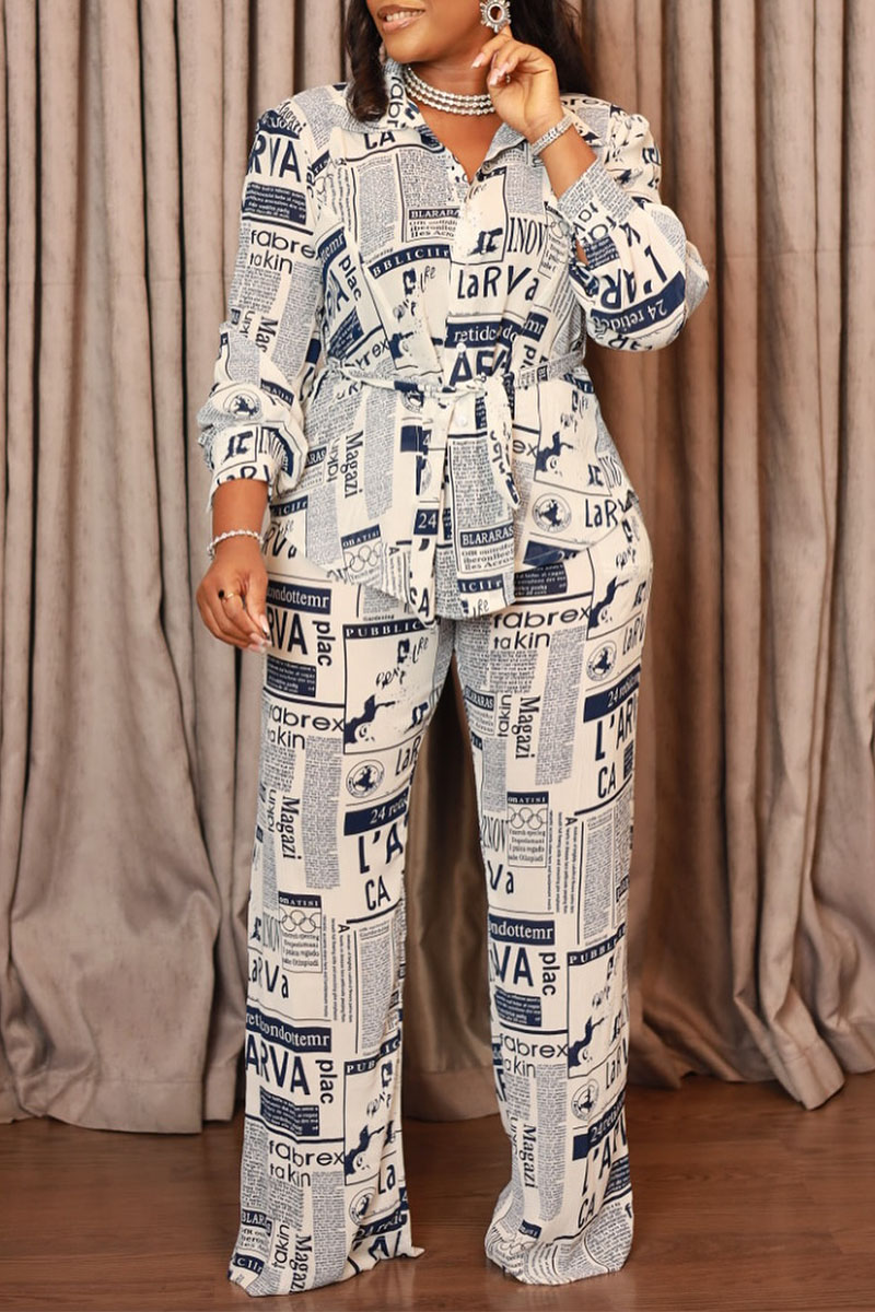 Wholesale Newspaper Print Turndow Collar Long Sleeve Blouse And Wide ...