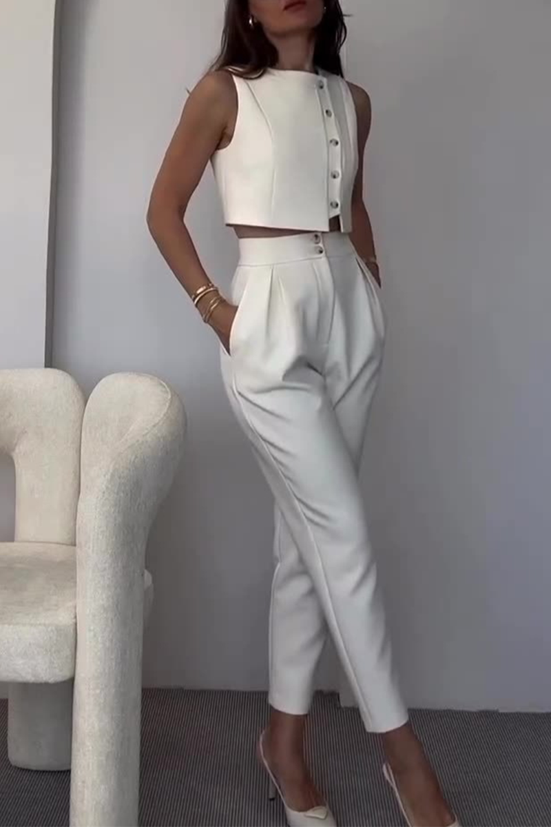 Wholesale Sleeveless O Neck Pocket Buttons Crop Tops And Straight Leg ...