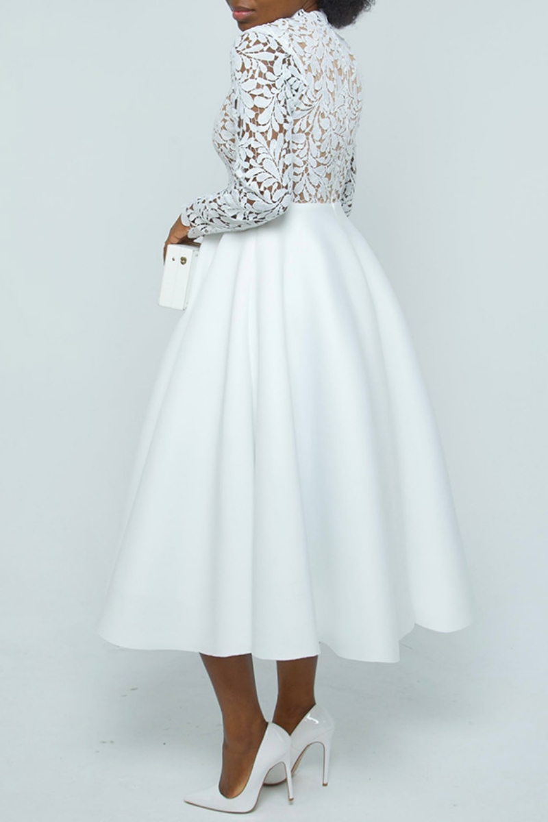 Wholesale Lace Flower Print Long Sleeve Lace Cinch Waist Flowy A Line ...