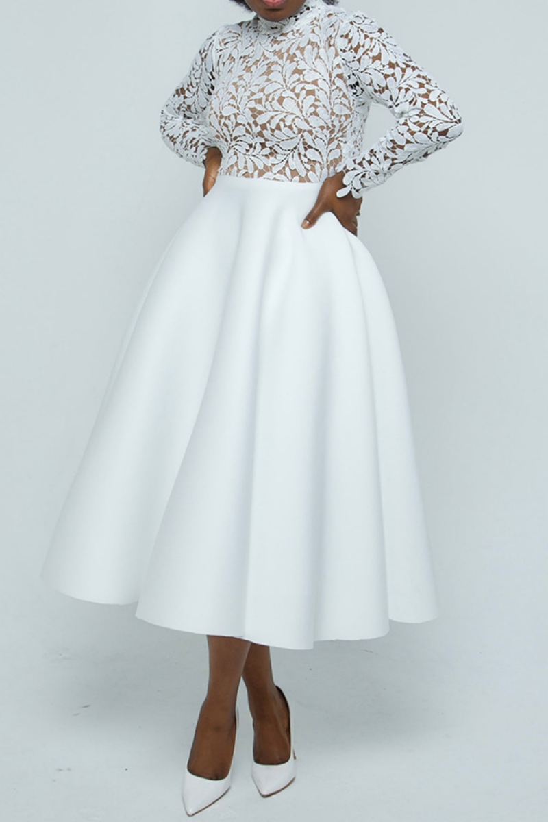 Wholesale Lace Flower Print Long Sleeve Lace Cinch Waist Flowy A Line ...