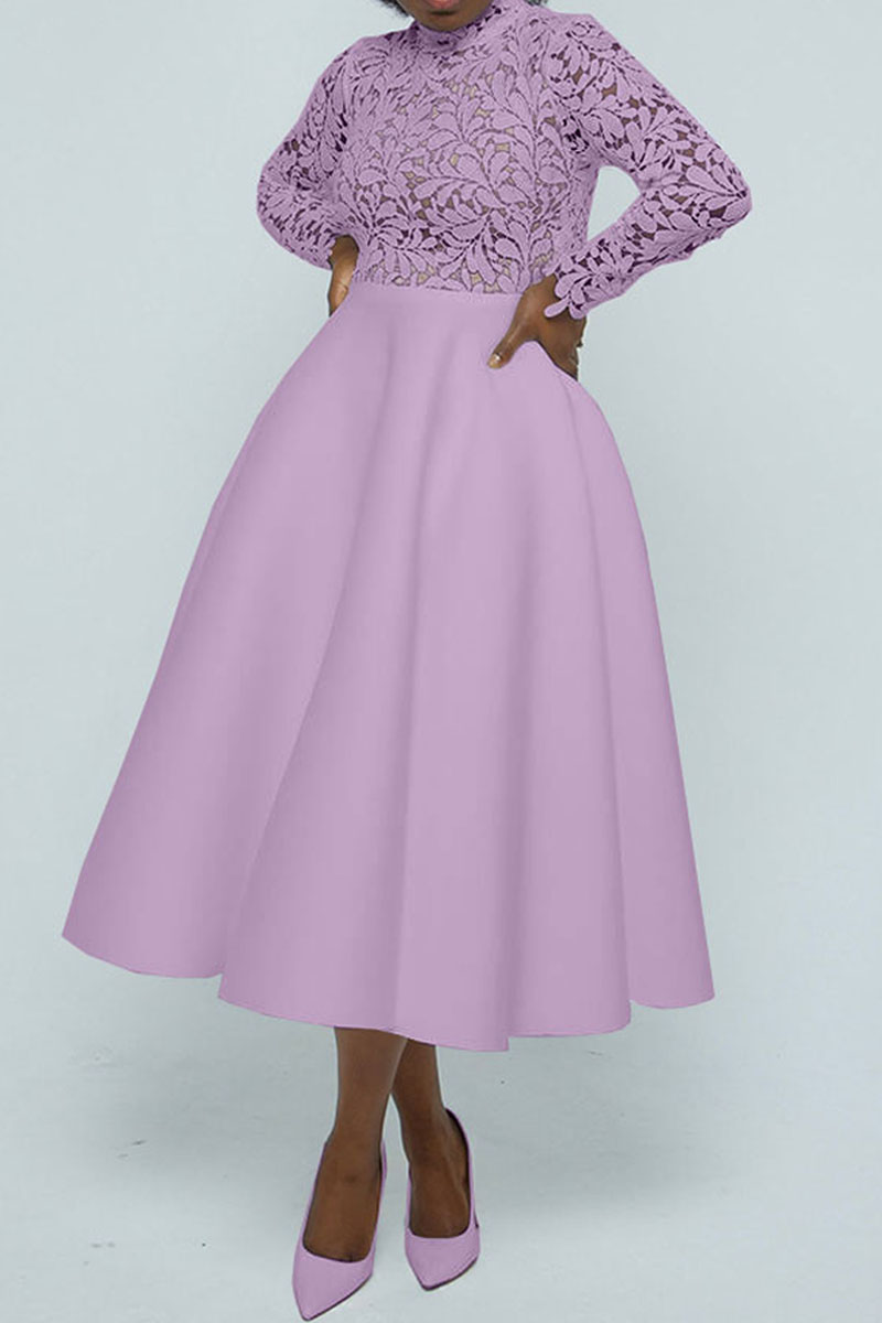 Wholesale Lace Flower Print Long Sleeve Lace Cinch Waist Flowy A Line ...