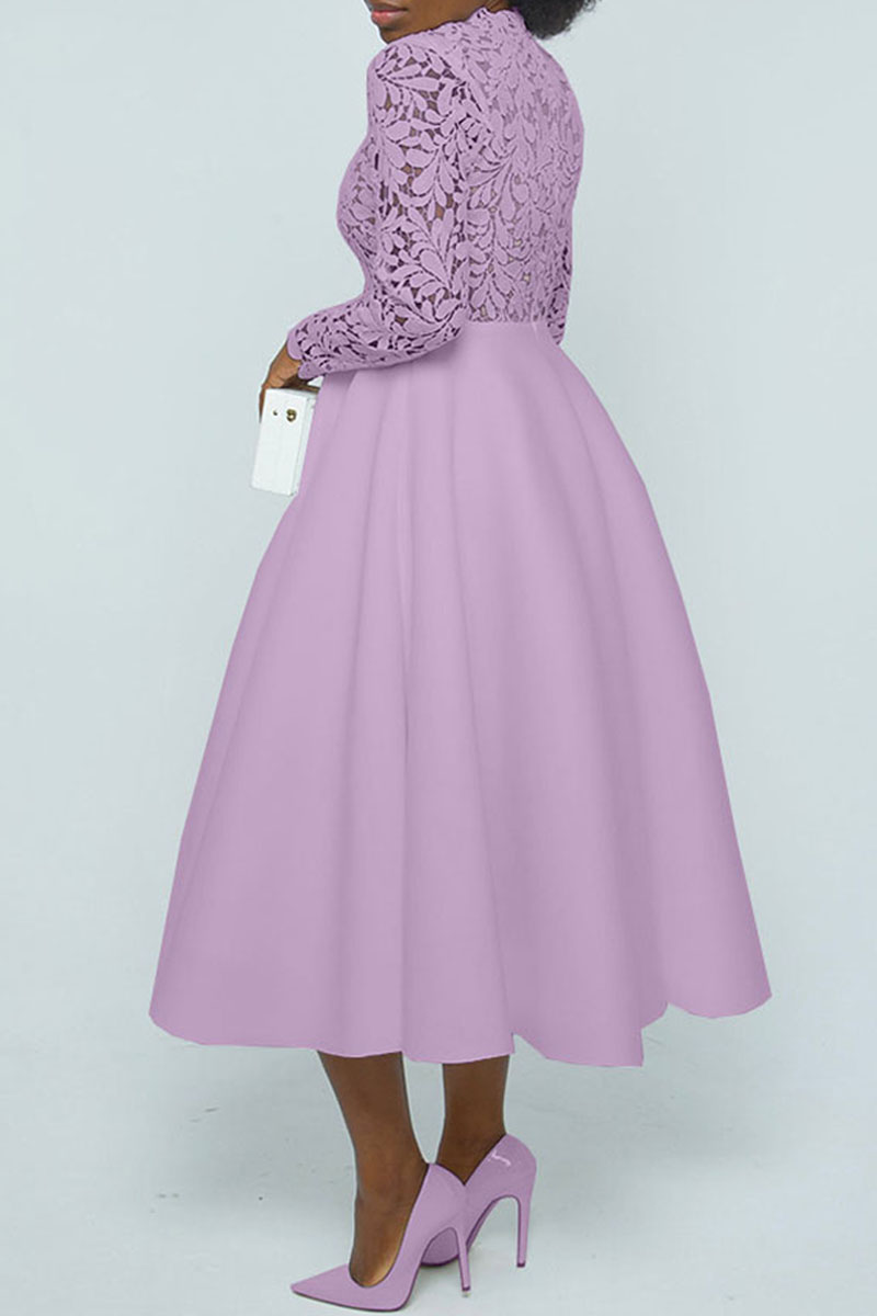 Wholesale Lace Flower Print Long Sleeve Lace Cinch Waist Flowy A Line ...