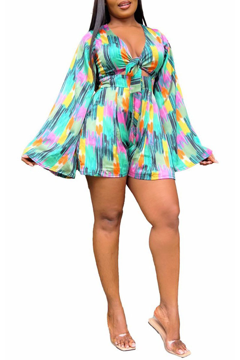 Wholesale Casual Colorblock Print V Neck Long Sleeve Front Tie Vacation ...