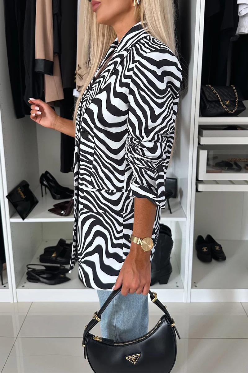 Wholesale White Casual Leopard Zebra Print Turndown Collar Long Sleeve ...