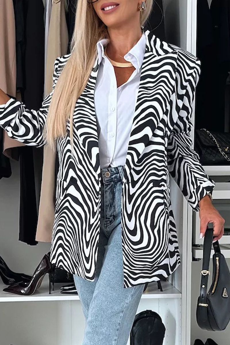 Wholesale White Casual Leopard Zebra Print Turndown Collar Long Sleeve ...