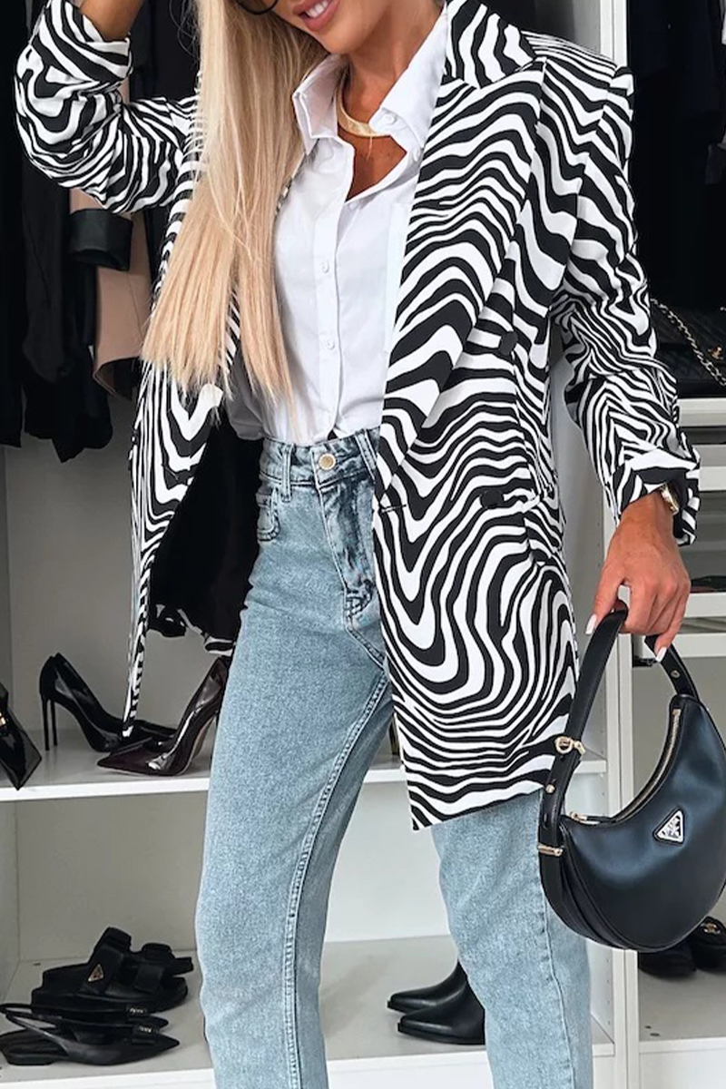 Wholesale White Casual Leopard Zebra Print Turndown Collar Long Sleeve ...