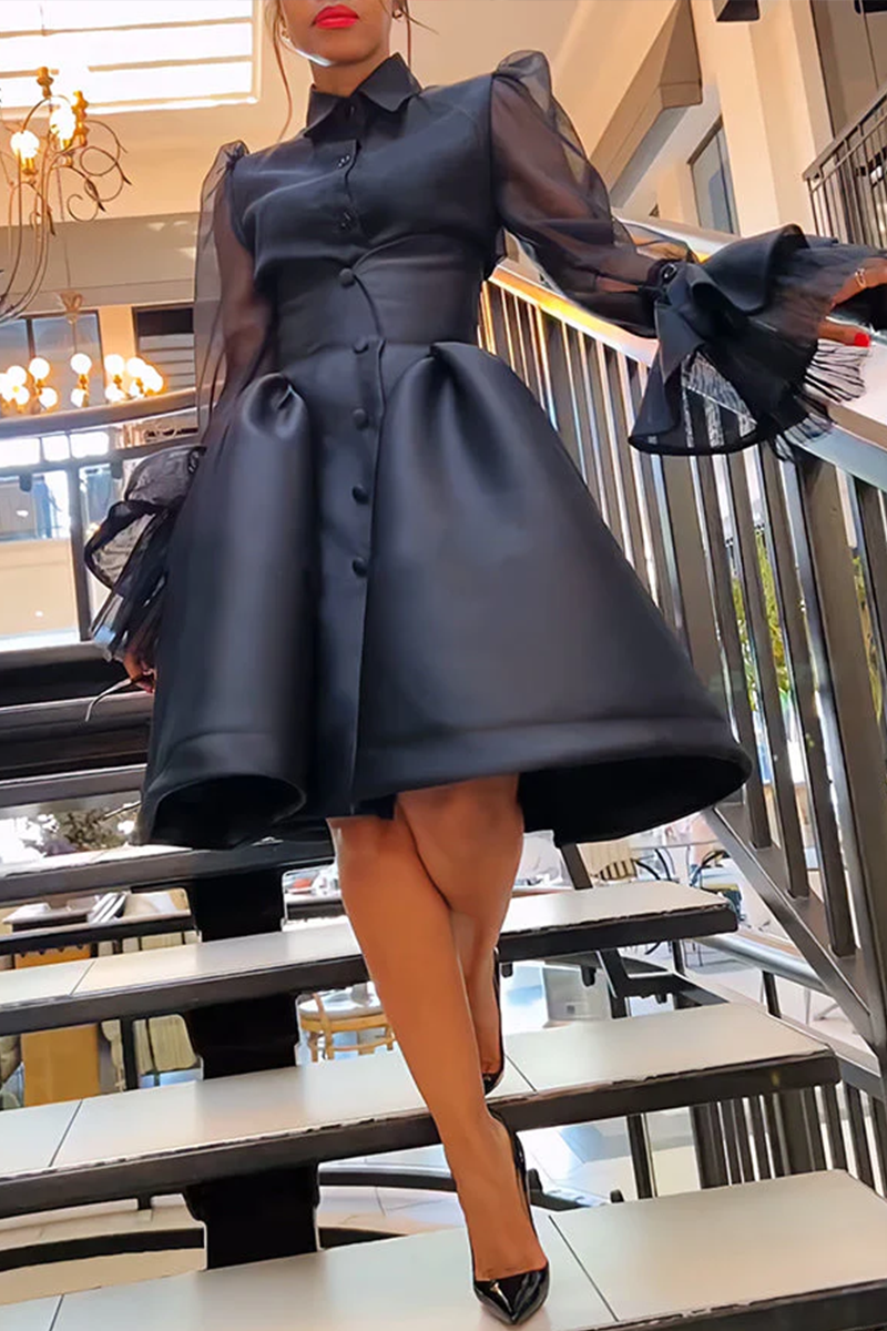 Wholesale Black Turndown Collar Mesh Patchwork Flare Sleeve Formal ...