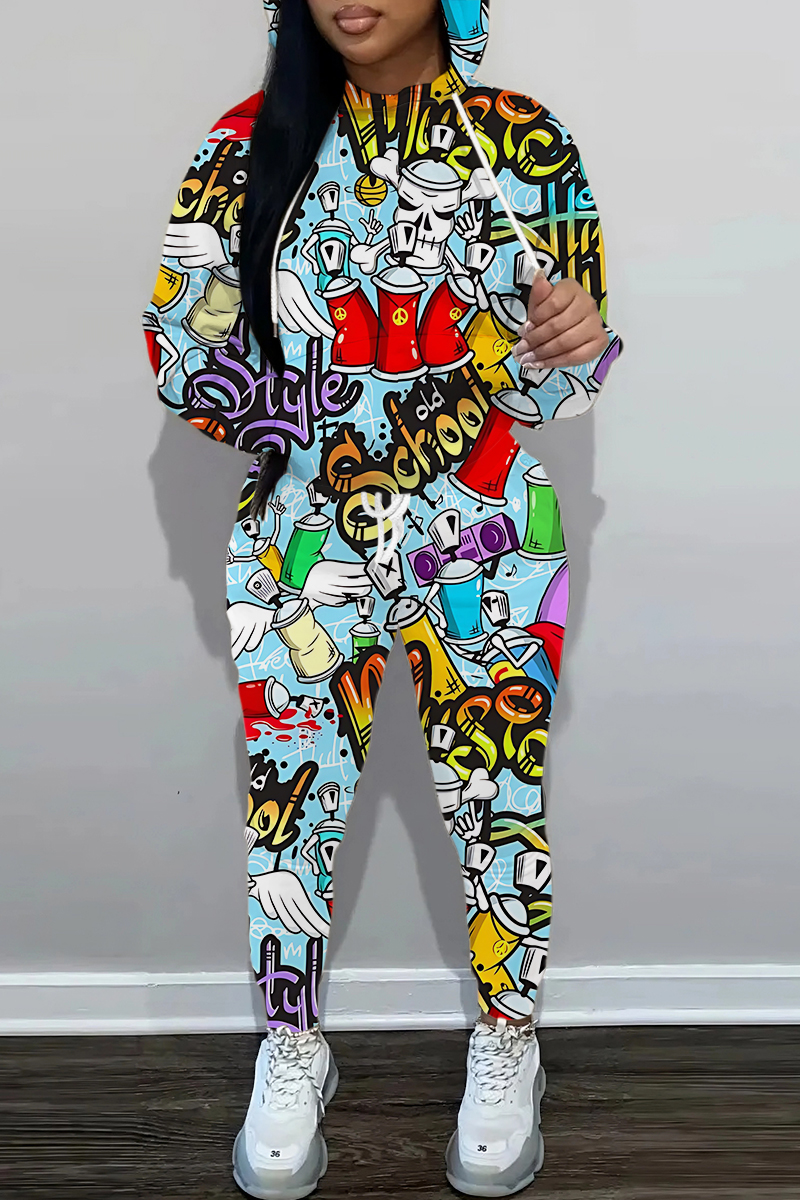 Wholesale Colorful Graffiti Print Long Sleeve Hoodie Jogger Two Piece ...